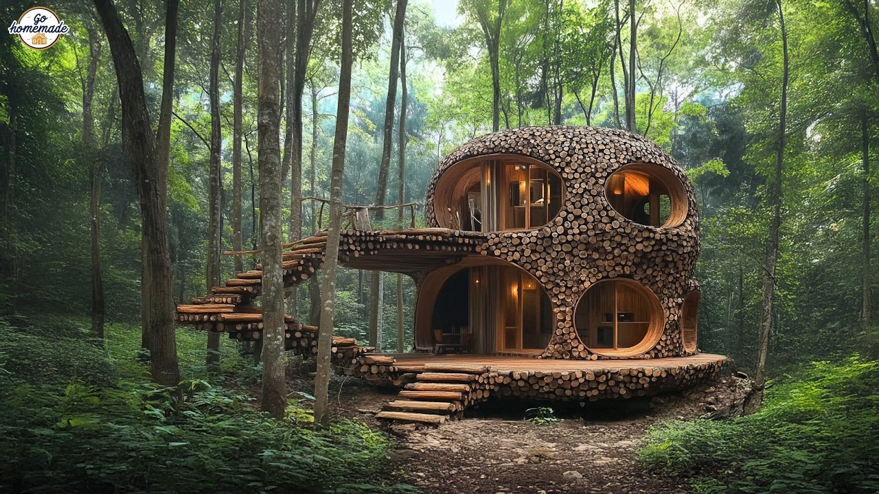 The Man Builds A Wooden Fortress With A Terrace Deep In The Forest ...