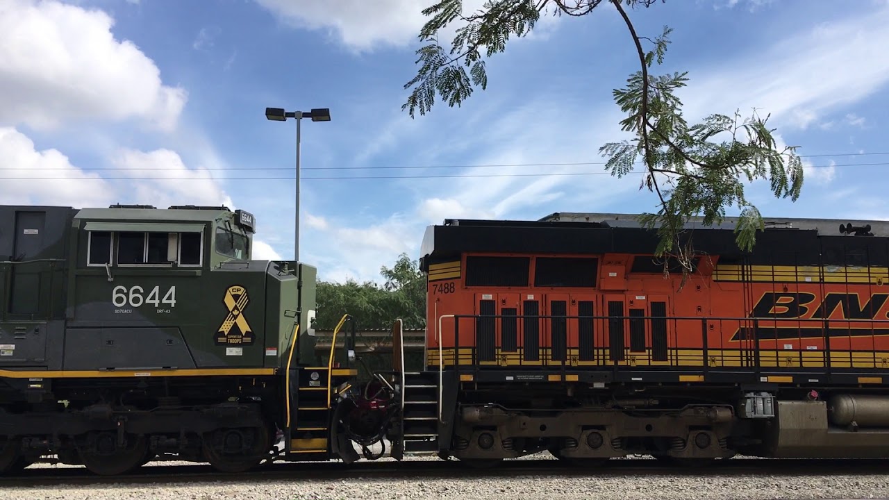 BNSF ET44C4 #3843, CP SD70ACU #6644, BNSF ES44DC #7488, KCS AC4400CW ...