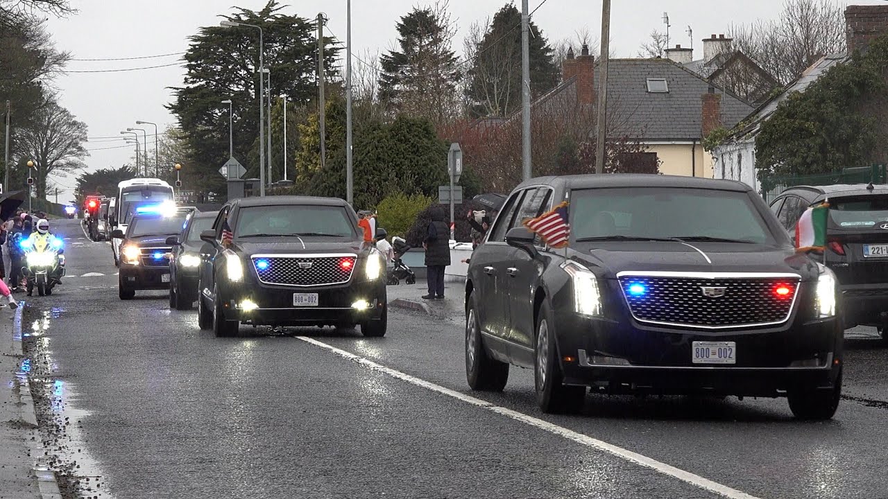 A US Presidential motorcade through Ireland in 2023; the many vehicles ...