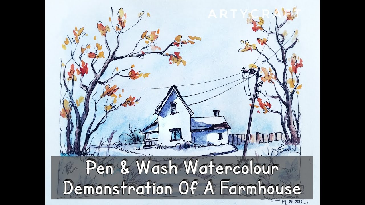 PEN AND WASH WATERCOLOUR DEMONSTRATION || WINTER FARMHOUSE EASY ...
