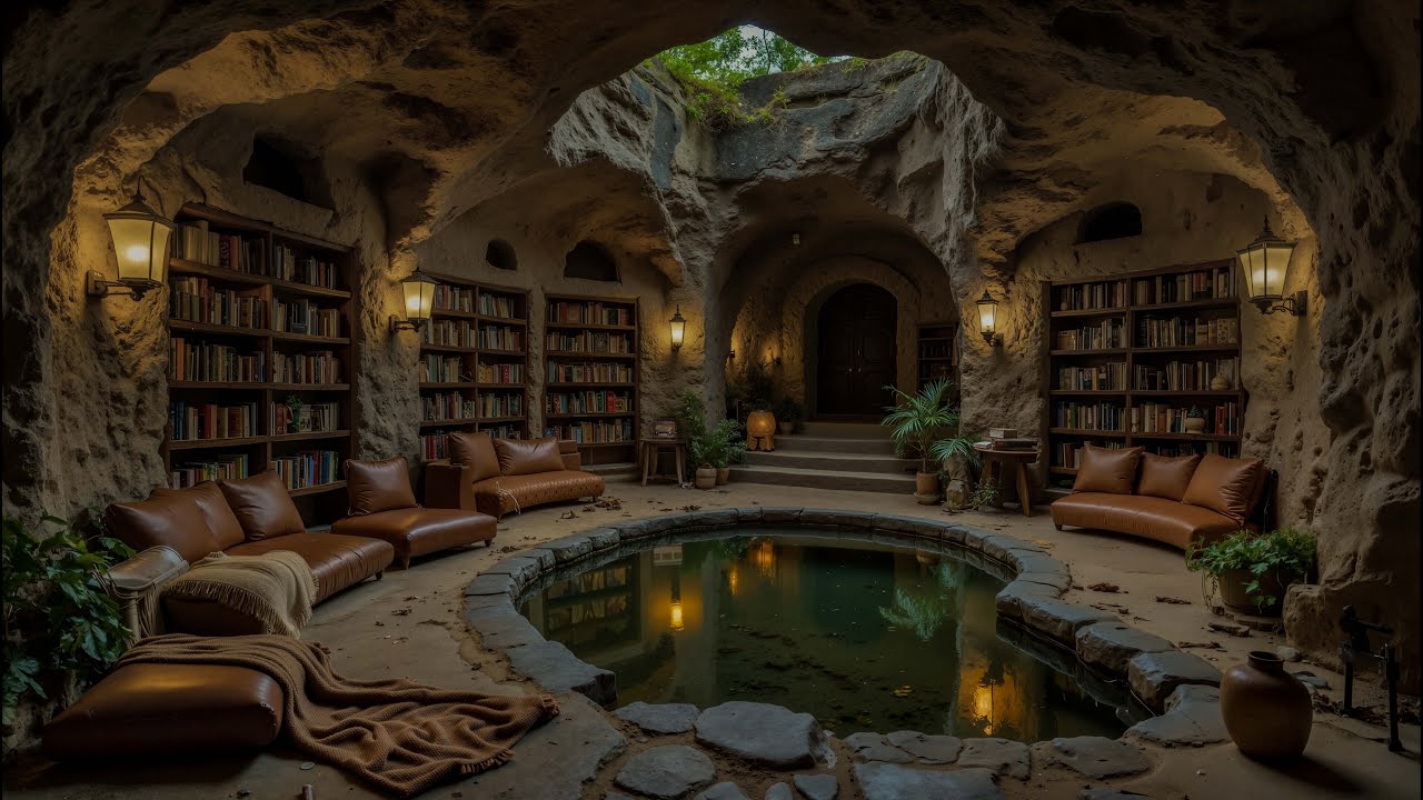 Jazz Piano in the Secret Cave Library 📚 Natural Light & Water Space for ...