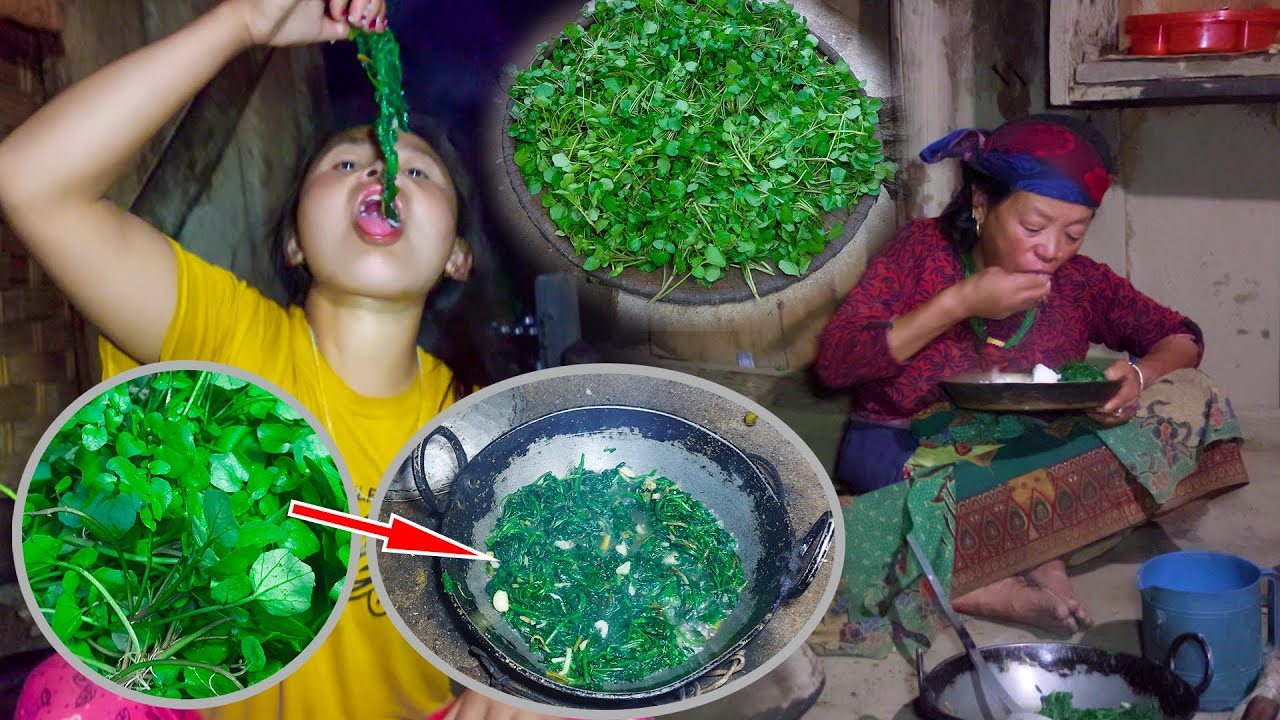 Organic Greens with rice in the Nepali village kitchen || Simsag & Rice ...