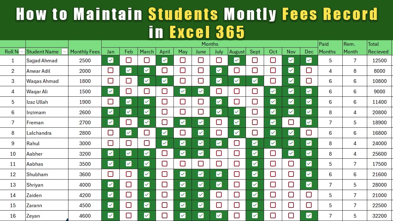 Automate Your Student Monthly Fees Record in Ms Excel 365 Like a PRO ...