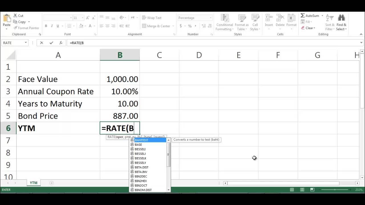 Calculating bond’s yield to maturity using excel - YouTube