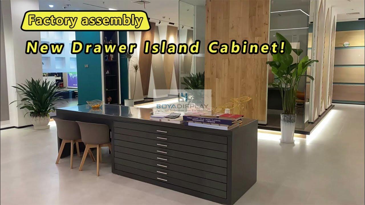 Customized drawer island display cabinet in exhibition hall - YouTube