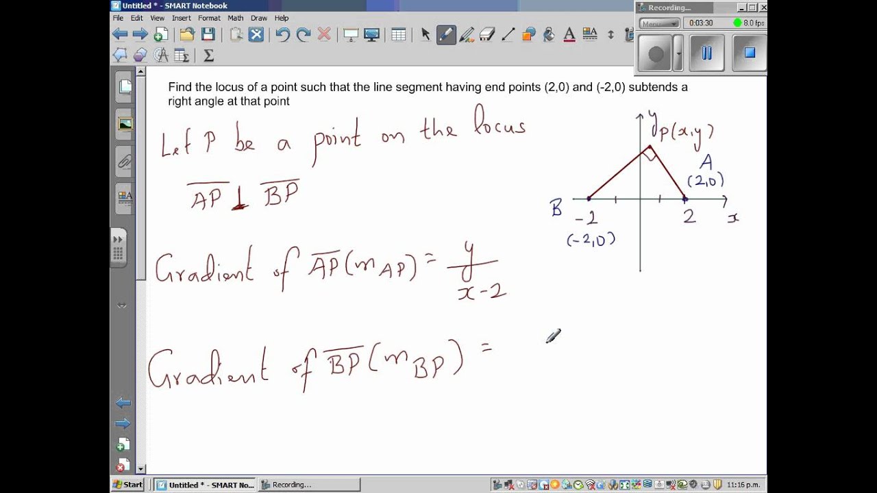 Find the locus of a point subtending right angle with end points (2,0 ...
