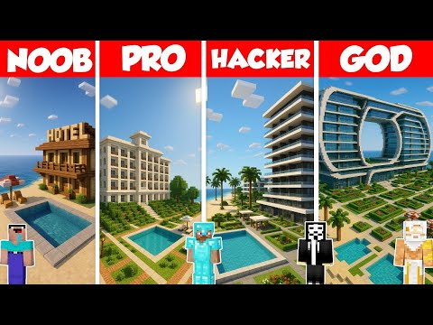 All Inclusive Hotel Build Battle Challenge - Noob vs Pro vs Hacker vs God - Minecraft Animation
