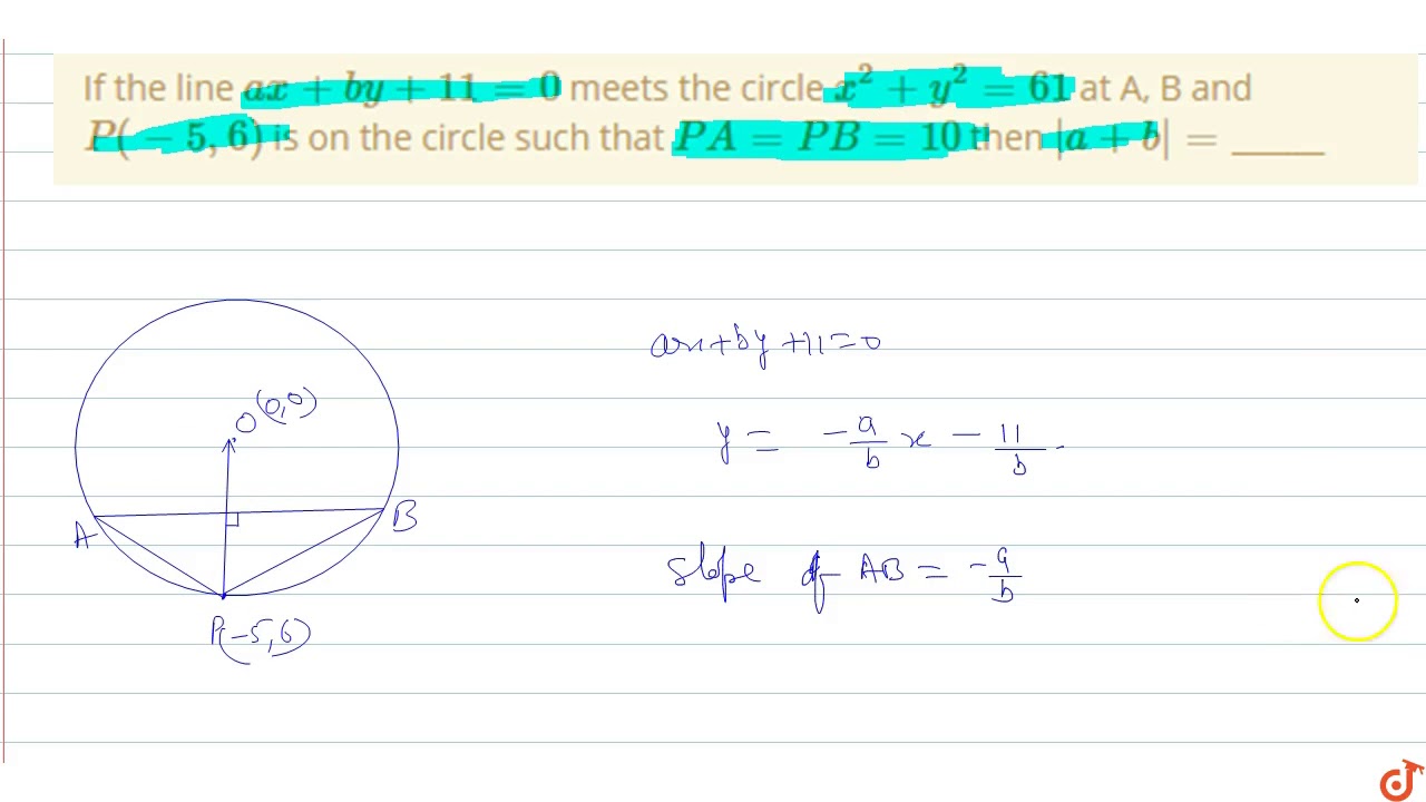 If the line `ax + by +11=0` meets the circle `x^2+y^2 =61` at A, B and ...