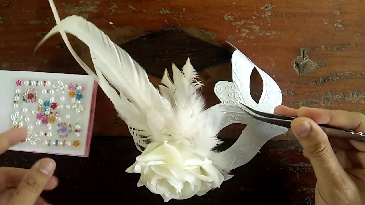 White Mask with Feathers, Beads and Flower - YouTube