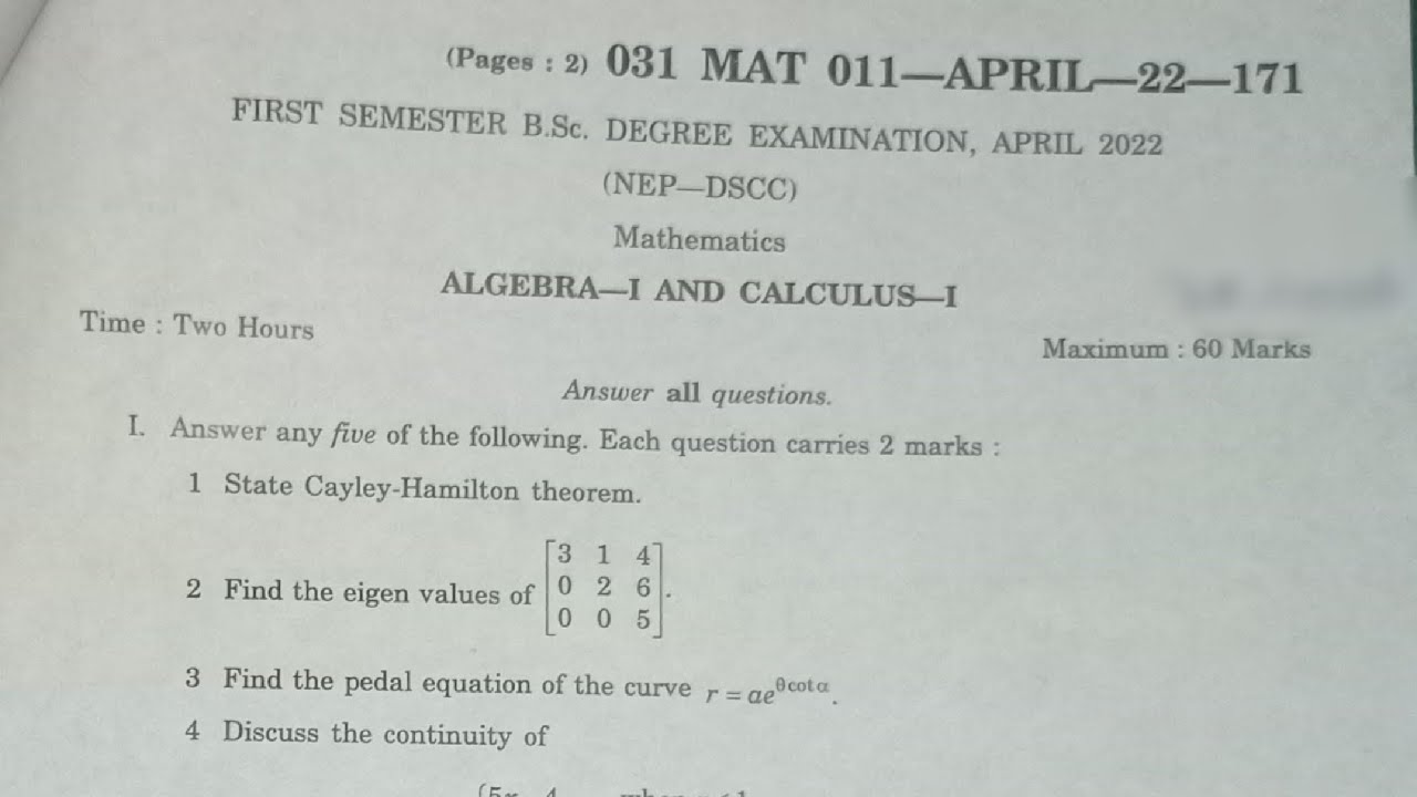 Mathematics B.sc 1st Semester NEP Degree Question Paper Year 2022 ...