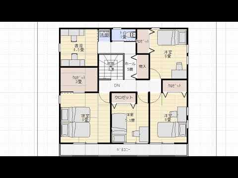 回遊動線の家の間取り図 学習コーナーのある子育て住宅プラン 45坪6LDK平屋の間取りシミュレーション - YouTube