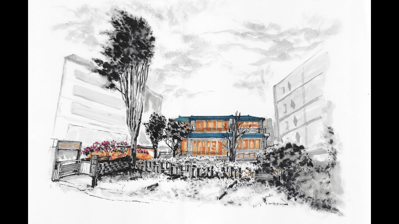 #urbansketch with pentel brush pen _ 내 카페 그리기-Drawing My Cafe - YouTube