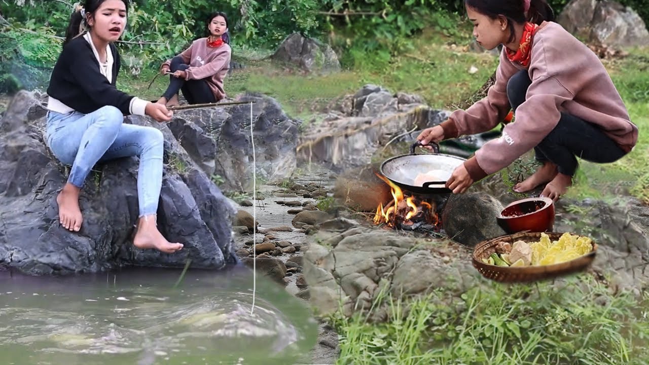 River Food Fun Cooking - Boiled pork belly near river eating delicious ...
