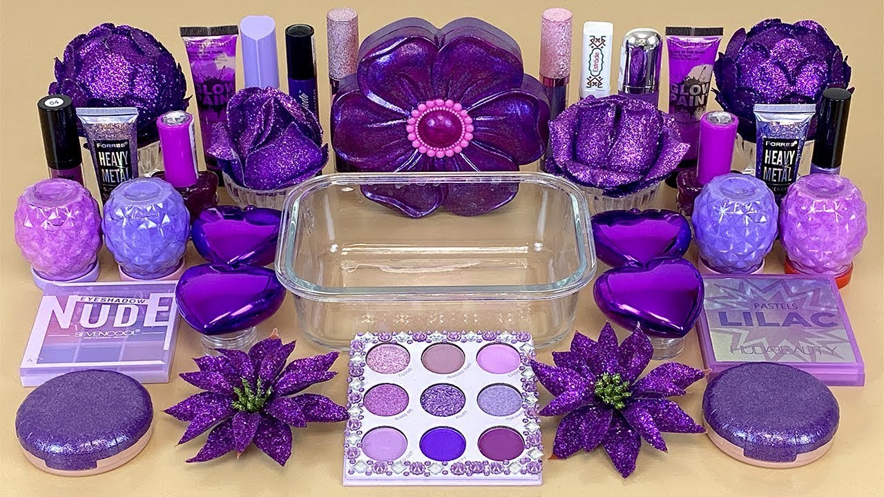 PURPLE SLIME 💜 Mixing makeup and glitter into Clear Slime. Satisfying ...