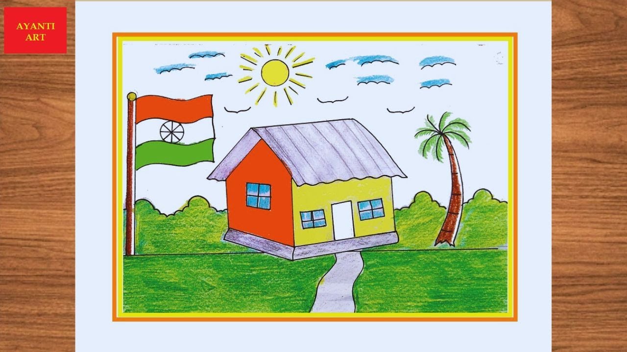 House Drawing With Village Scenery Drawing || How to Draw House For ...