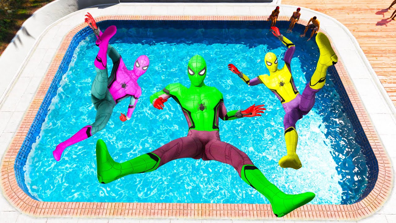GTA 5 Rainbow Green Vs Yellow & Pink Spiderman Jumping Into Pool ...