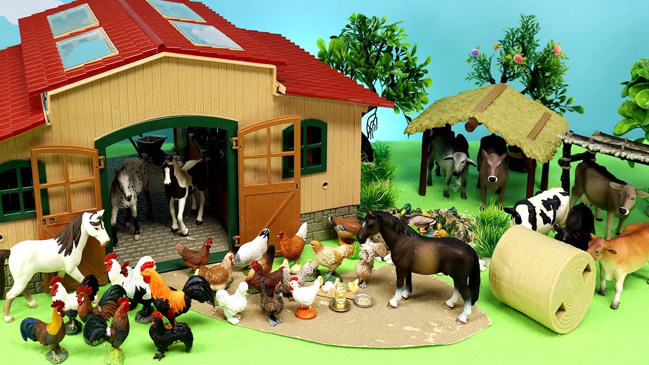 Horses Cows and Chickens on Horse Stable and Farm Diorama - YouTube
