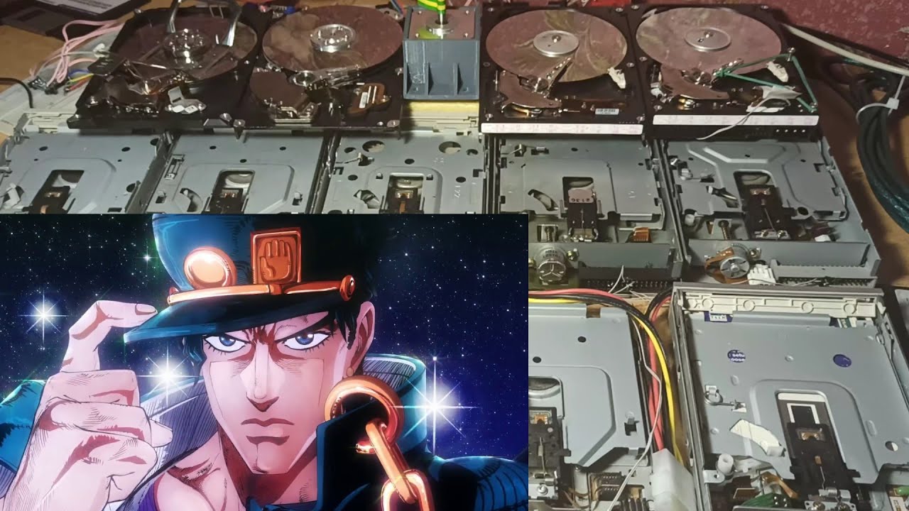 JoJo - Opening 3 on floppy drives, HDD and stepper motor - YouTube