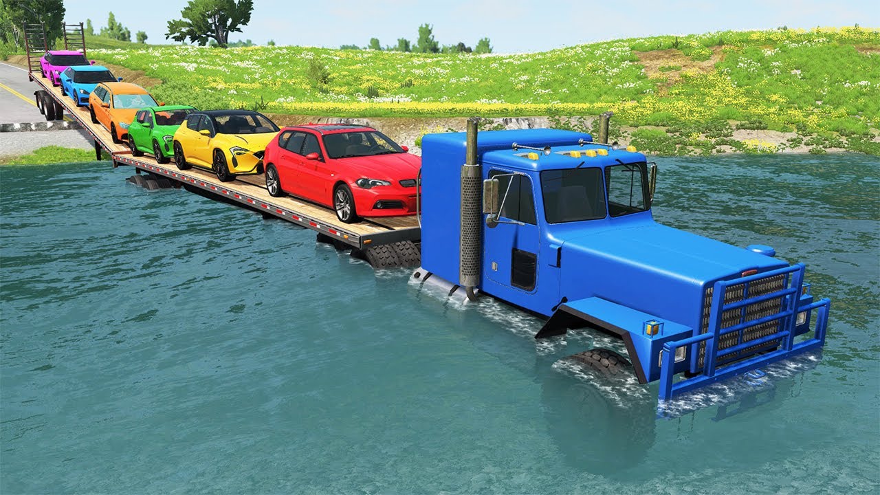 Double Flatbed Long Trailer Truck Rescue - Cars vs Deep Water & Massive ...