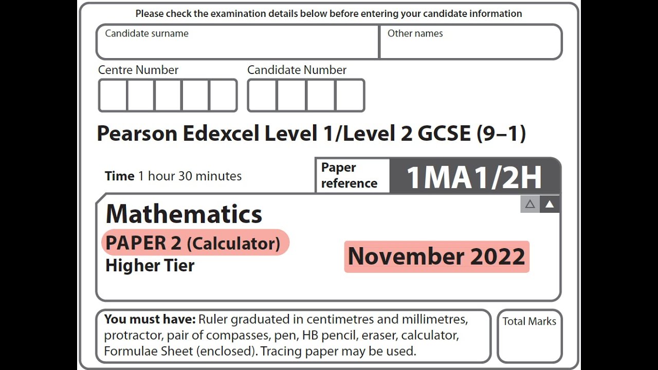 GCSE Mathematics November 2022 Paper 2H Calculator YouTube