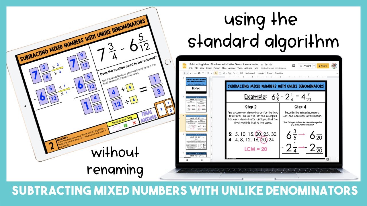 Subtracting Mixed Numbers with Unlike Denominators Using the Standard Algorithm Tutorial Video ...