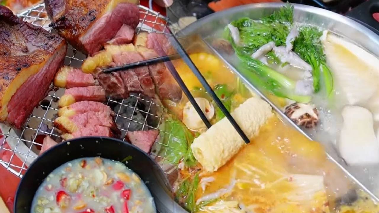 BBQ and hot pot soup mix many food try eat together - YouTube