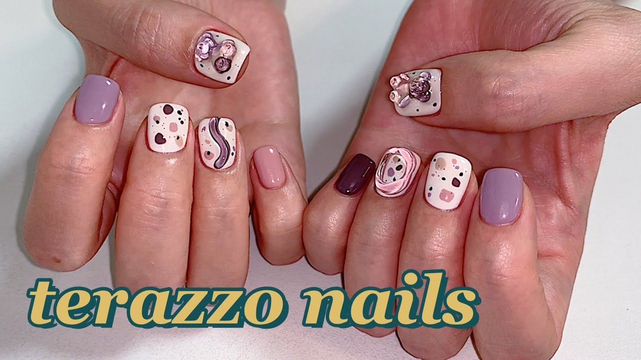 terazzo nails🤎 가을네일 / 테라조네일 / 덩어리네일 / 여기가 네일맛집 - YouTube