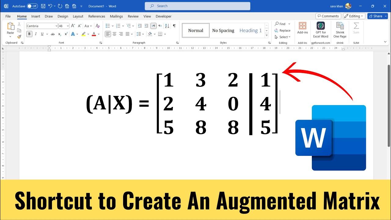 How to create an augmented matrix in Word | Shortcut to create an ...