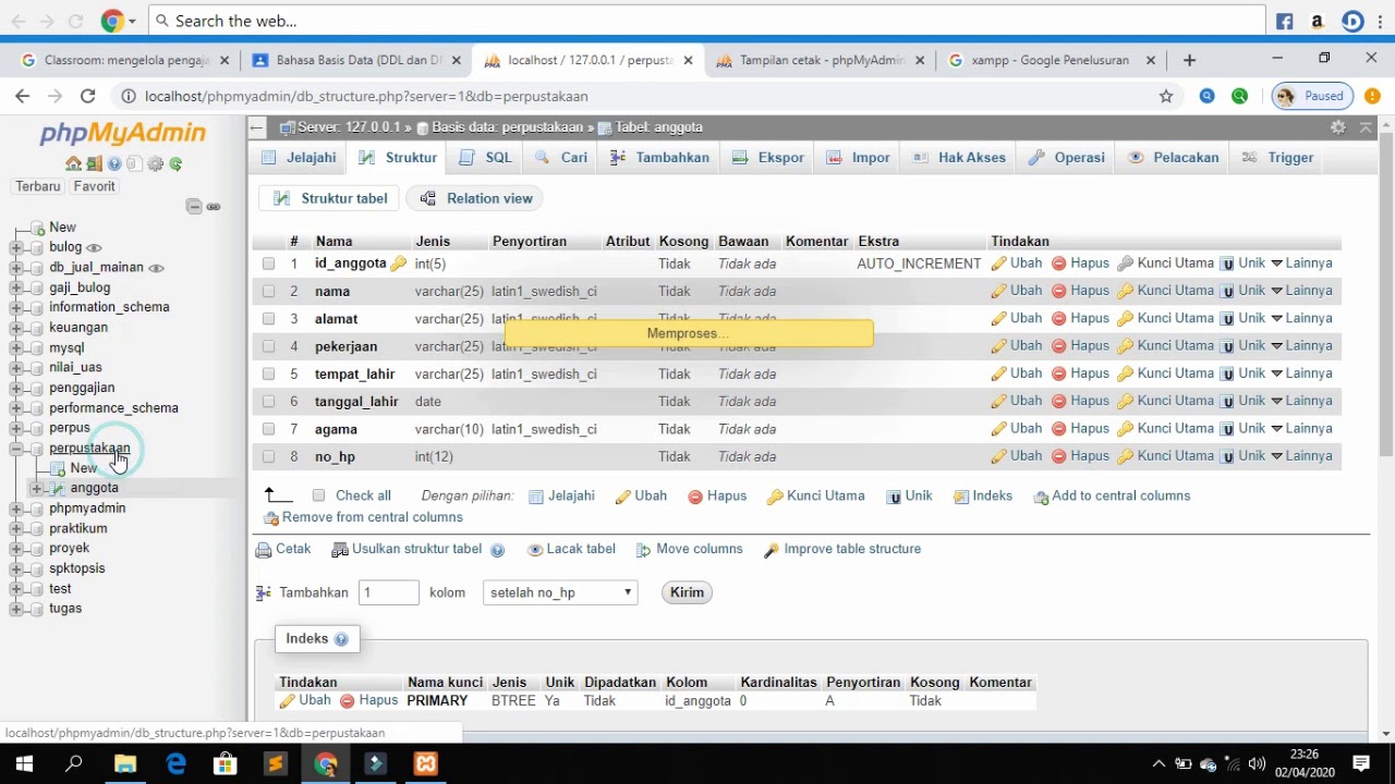 Cara membuat 3 tabel dan 8 field pada Database - YouTube