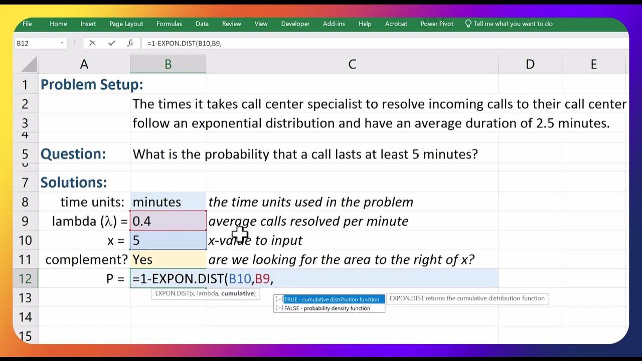 How to use Excel's EXPON.DIST() function to calculate the probability for exponential ...