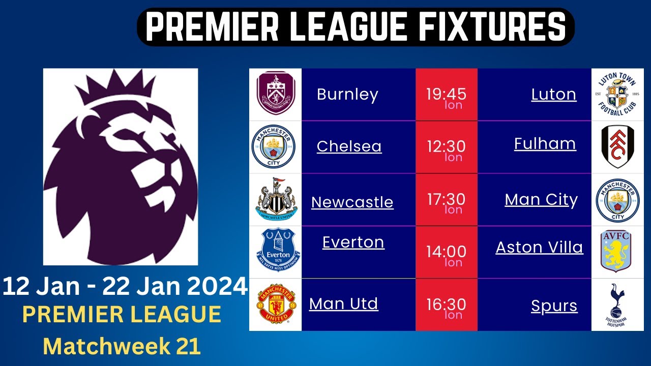 PREMIRE LEAGUE FIXTURES - Matchweek 21 SUN 12-22 JAN 2024 - YouTube