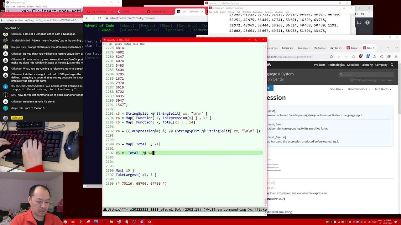 Xah Talk Show 2022-12-12 Advent of Code, in WolframLang, live coding (later js python golang ...