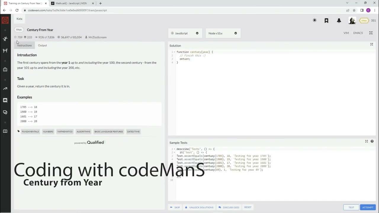 Archived Codewars 8 Kyu Century From Year Javascript Youtube