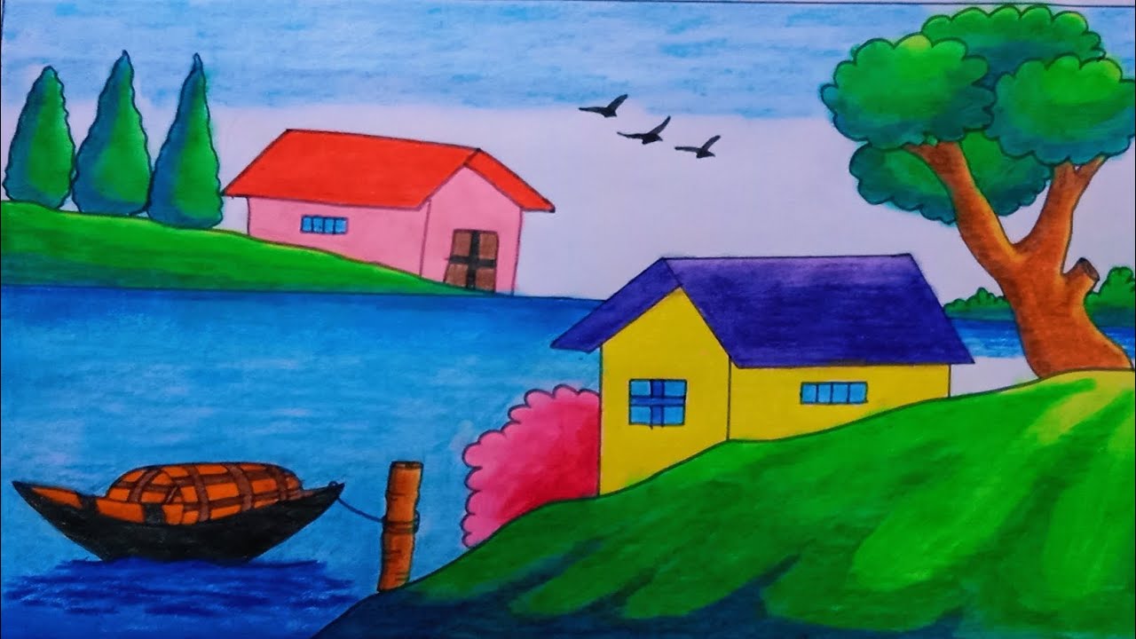 How to Draw Village Scenery Step by Step Very Easy | Landscape Drawings ...