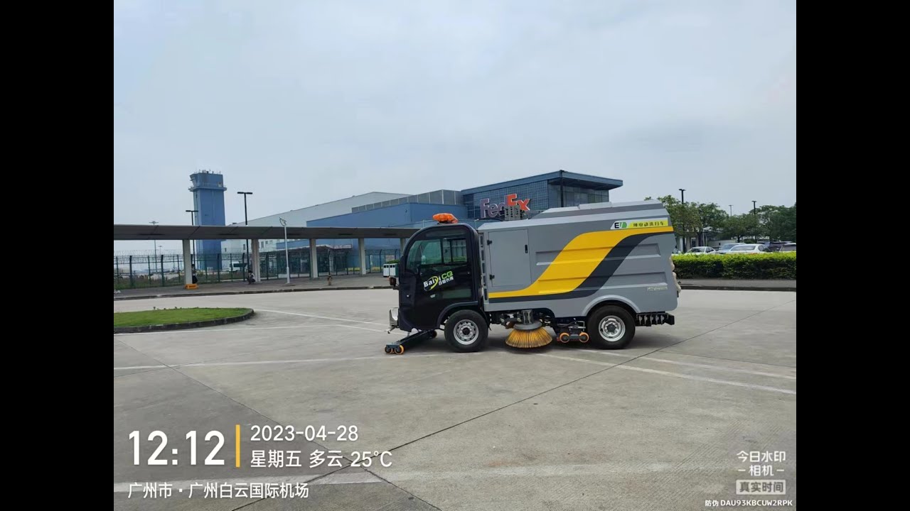 EV compact sweeper working together with high pressure washing tricycle ...