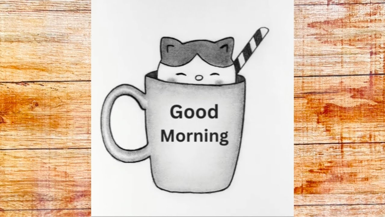 Good morning drawing || easy cute cat with mug drawing || easy drawing ...