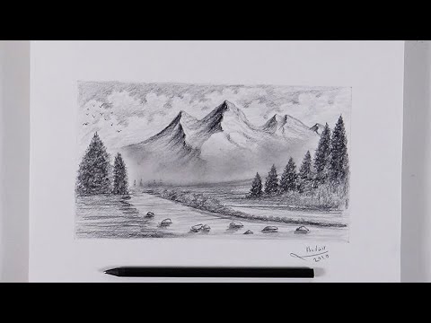 Step-by-step drawing of a natural landscape with graphite pens ...