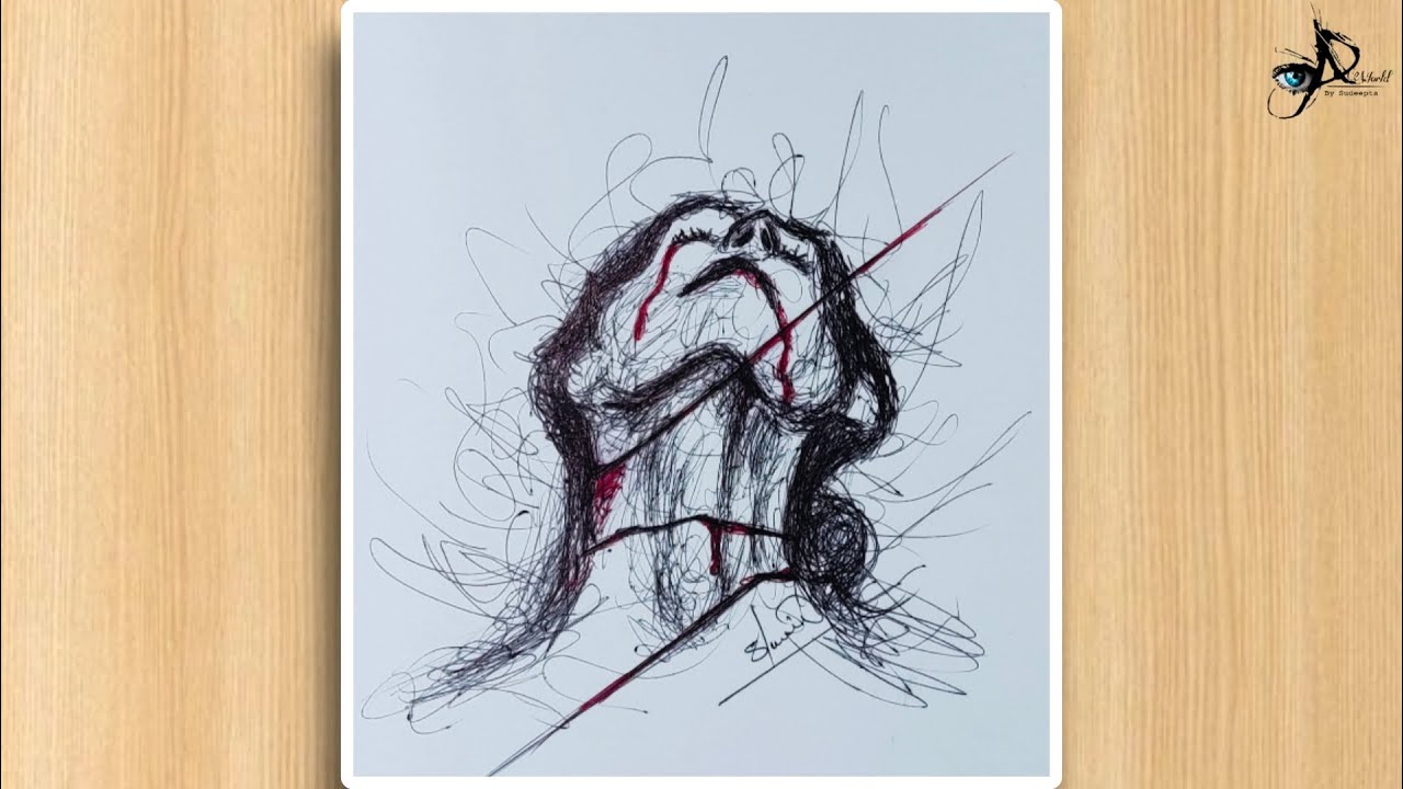 How to draw painful girl bleeding blood || Line art pen drawing easy ...