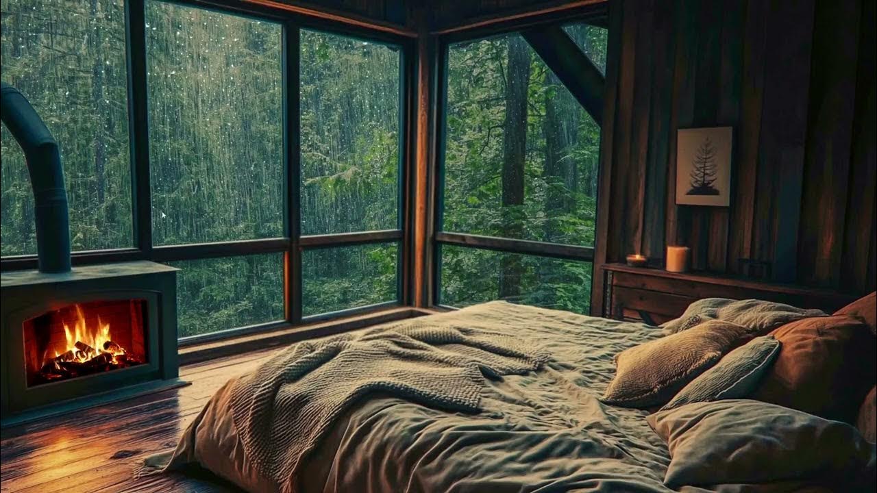 Thunderstorm with Lightning, Rain, Crackling Fireplace in a Cozy Cabin - YouTube