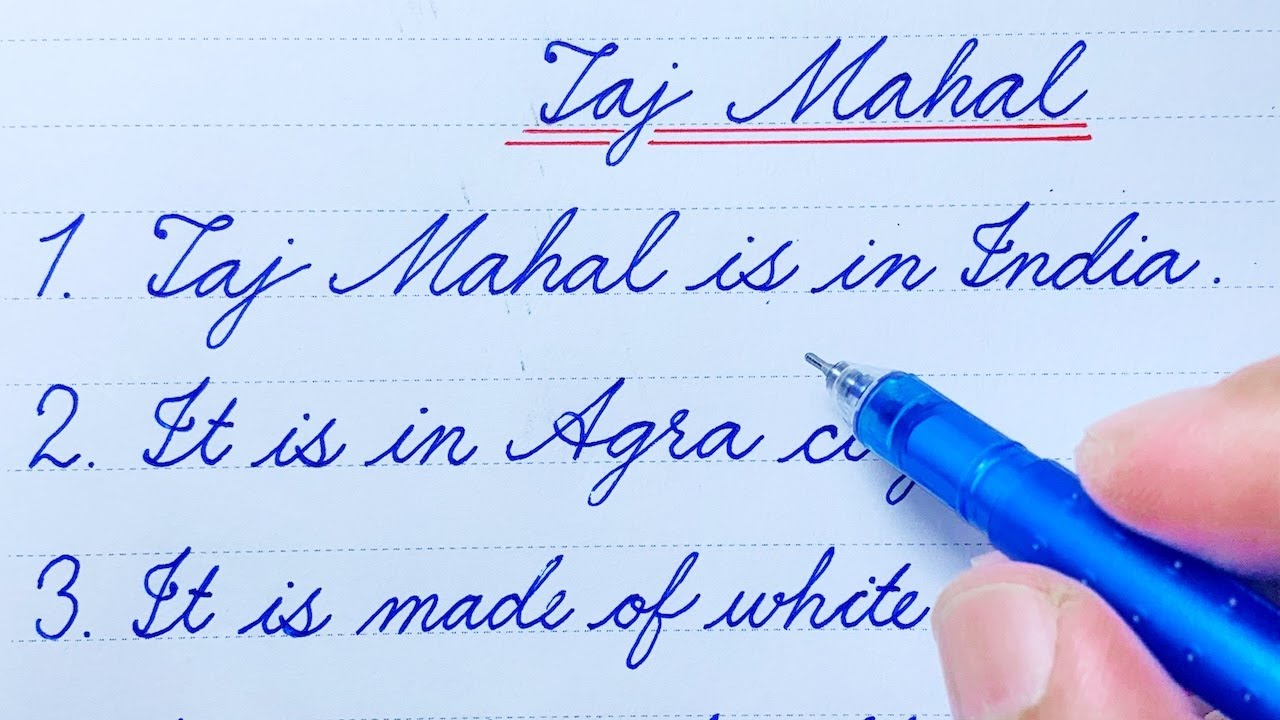 Cursive Writing | 10 Lines on Taj Mahal | Cursive Handwriting Practice ...