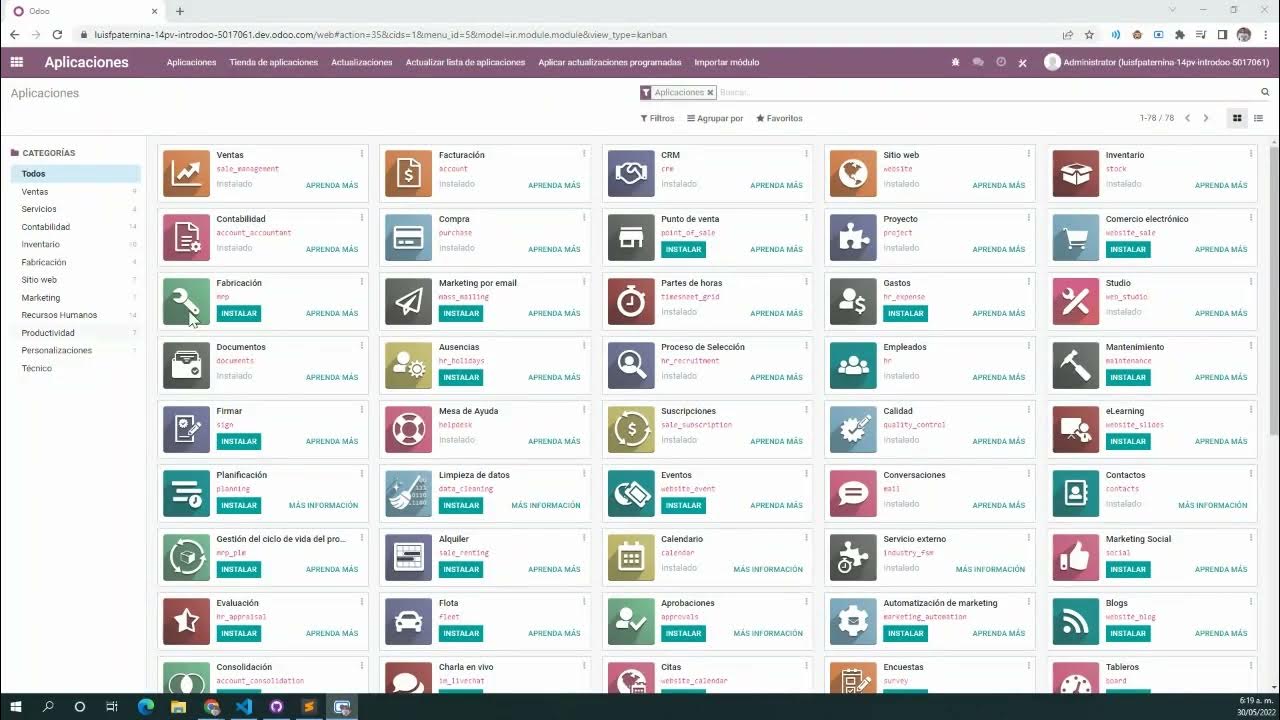 Instalar un módulo desde la configuración de Odoo - YouTube