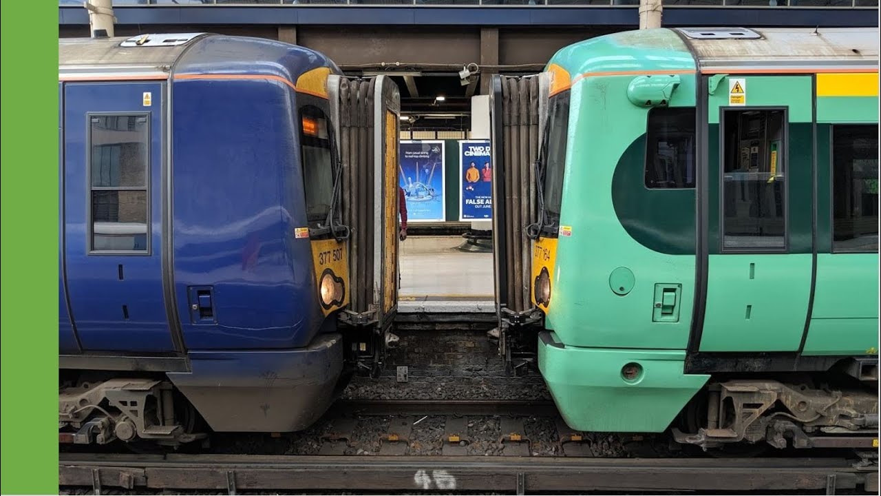 Blue & Green Class 377 attach at Victoria - YouTube