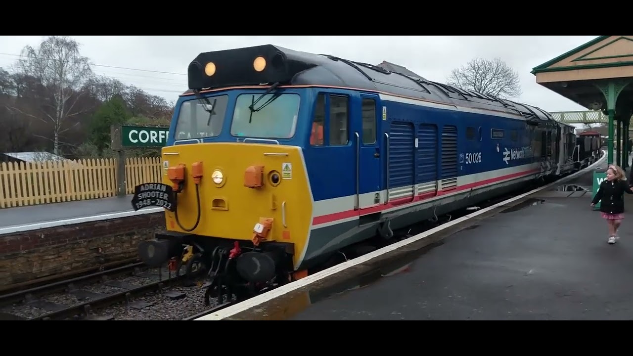 Class 50026 'Indomitable' departs Corfe Castle with a nice 2 tone ...
