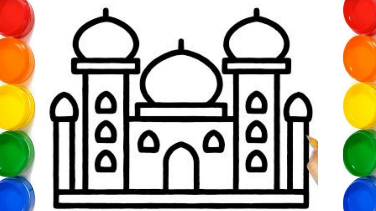 Mosque drawing and painting for kids* How to draw Cute Masjid colouring ...