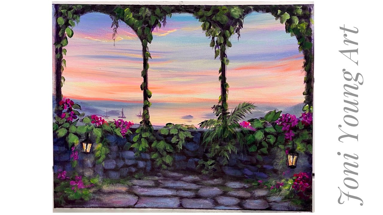 How To Paint “A Beautiful View” Seascape | Garden | acrylic Painting ...