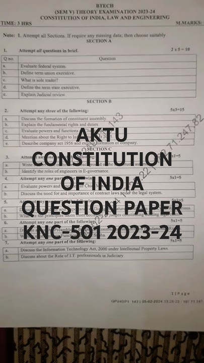 AKTU 2023-24 Constitution of India University Question Paper|| KNC-501 ...