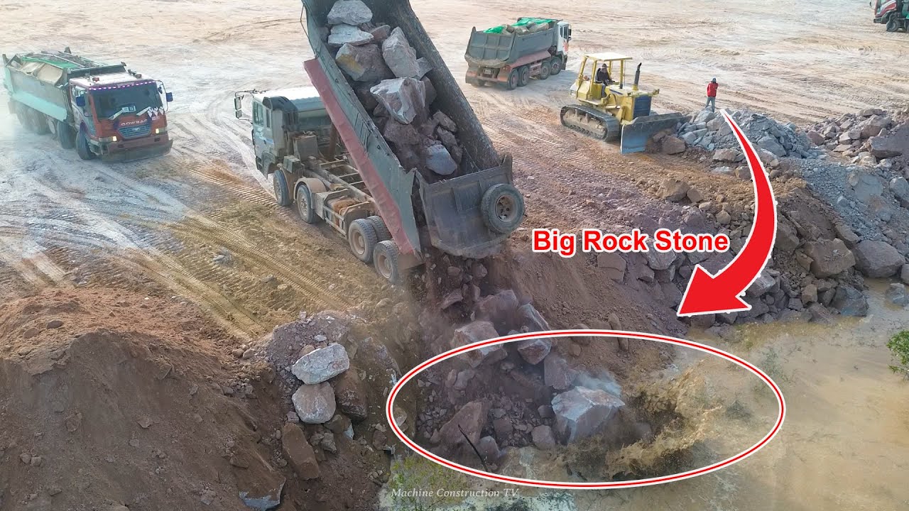 Incredible Komatsu Dozers Skillfully Pushing larges Stone into water ...