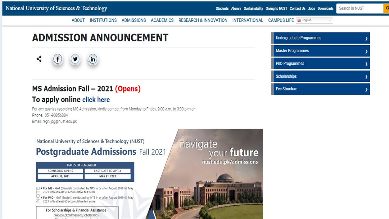 Nust Post Graduate Admission procedure Online Registration Procedure ...