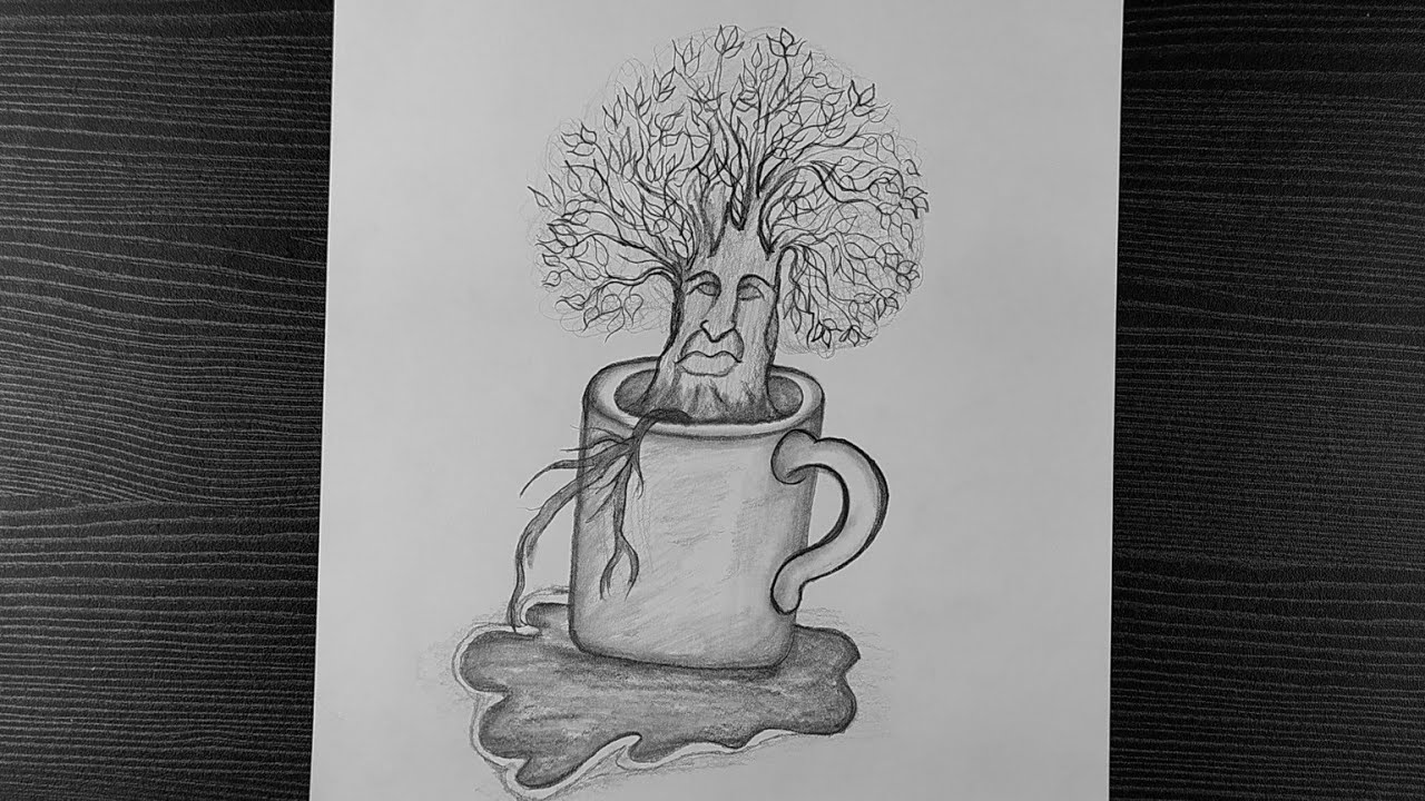 How To Draw A Tree In A Mug || Tree Plantation Drawing Easy || Step By ...