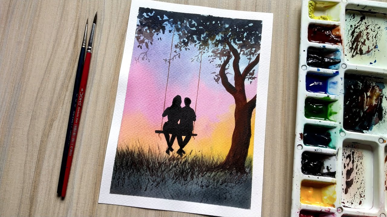romantic couple sunset scenery watercolor painting / how to draw ...